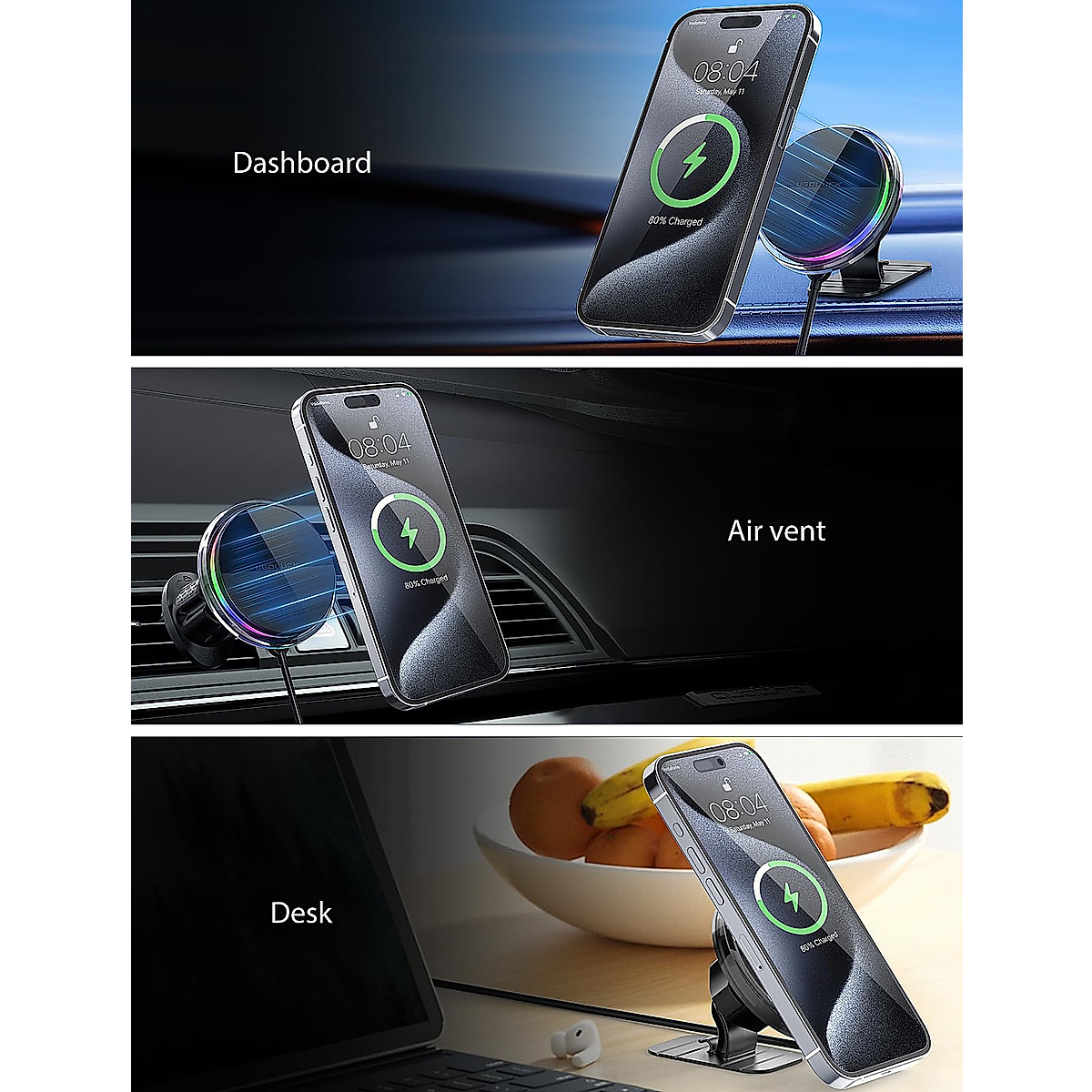 UGDLUCK for Magsafe Car Mount Charger, 15W Magnetic Wireless Car Charger with 8 RGB LED Backlit Magnetic Car Phone Holder Mount for iPhone 15 14 13 12