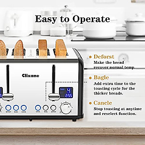 Toaster 4 Slice,1.5"Extra Wide Slot Stainless Toaster with Bagel Defrost Cancel Function, Dual Screen, Removal Crumb Tray (Black)