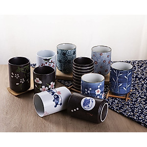 WHJY 10oz Transitional Chinese/Japanese style Handle-less Ceramic Tea cups teacup, Puffer Pattern Set of 2