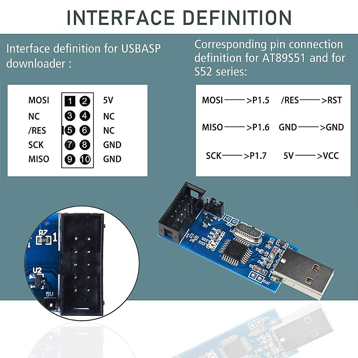KeeYees 2pcs Downloader Programmer for USBASP for ISP with Cable and 10Pin to 6Pin Adapter Board for 51 for AVR Series Microcontroller