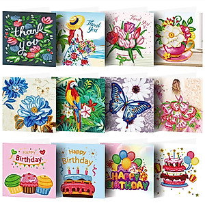 Gigicloud 12pcs 5D Rhinestone Painting Greeting Cards Kits, Handmade Festival Greeting Cards DIY Diamond Drawing Birthday Cards for Adults and Kids