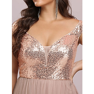 Ever-Pretty Women's Cap Sleeve Sequin Plus Size A-line Tulle Wedding Party Dress Long Rose Gold US24