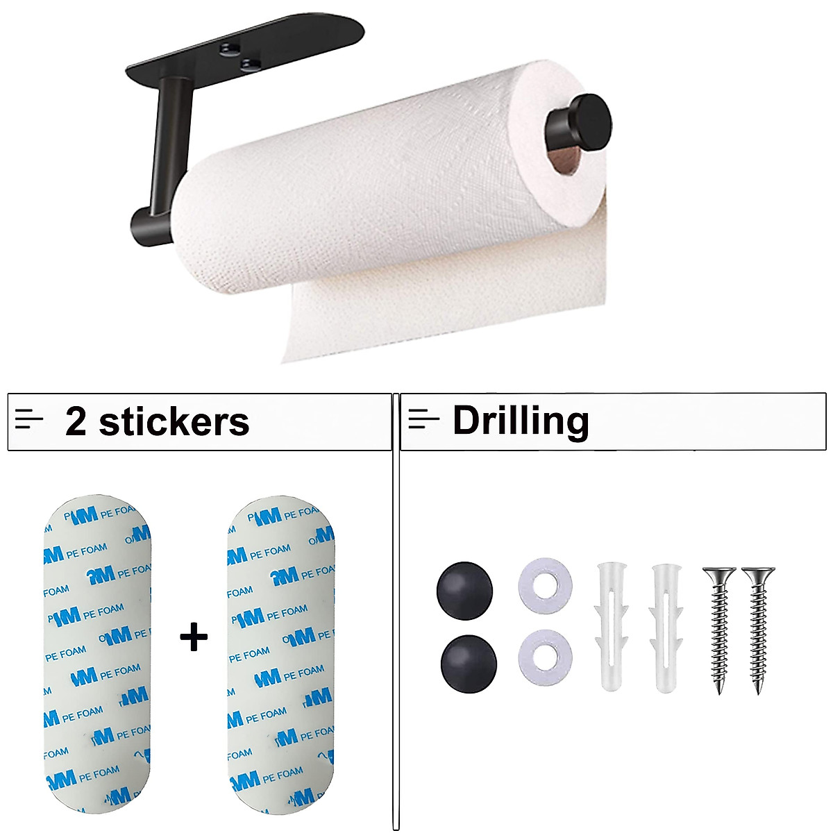 Tujjhoum Paper Towel Holder, Under Cabinet Paper Roll Holder Big Roll, Wall Mounted Matt Black Paper Holder for Kitchen, Bathroom, RV, Self-Adhesive and Drilling Optional