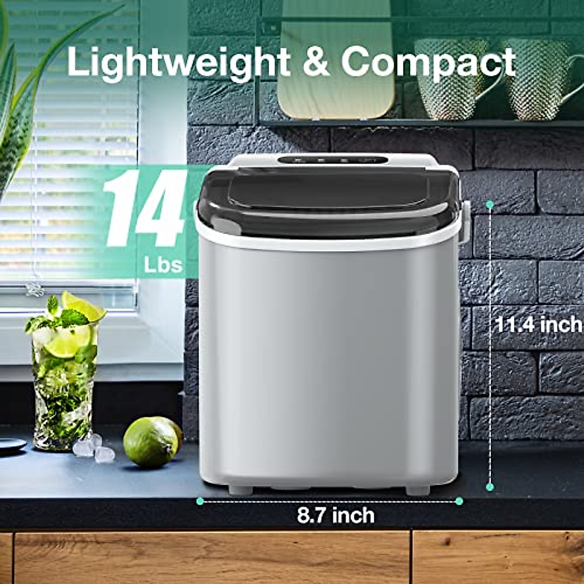 Ice Maker Countertop, Fast Ice Making in 6 Mins 9 Bullet-Shaped Ice, 26.5lbs/24Hrs, Portable Ice Maker Machine with Self-Cleaning, Scoop, Bags and Basket, for Home/Kitchen/Office/Bar/Party