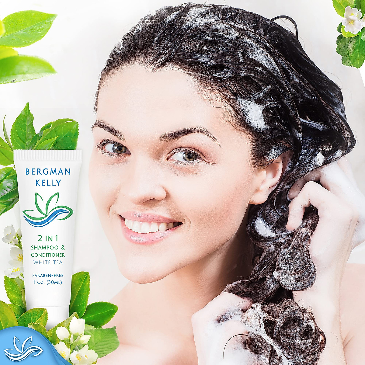 BERGMAN KELLY Round Soap Bars, 2in1 Shampoo & Conditioner, and Travel Size Lotion 3-Piece Set (White Tea, 1 oz ea, 75 pc), Revitalizing & Refreshing Sanitary Toiletries Hotel Amenities