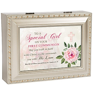 Cottage Garden Special Girl On Your Communion Champagne Goldtone Trim Jewelry Music Box Plays Jesus Loves Me