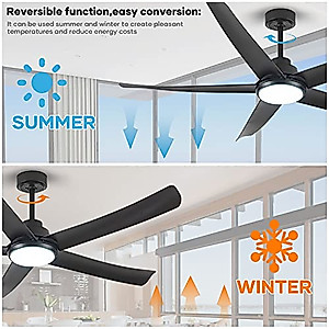 NWIASS Modern Farmhouse Ceiling Fans with Lights, 60" Black Outdoor Ceiling Fans for Patios, Low Profile Flush Mount Ceiling Fan with 5 Blades DC Motor for Indoor Bedroom Garage (60" Black-B)