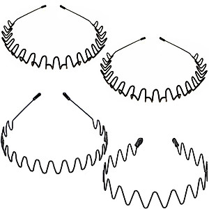 COSHONWOL 4 Pack Metal Headbands for Women Men, Fashion Unisex Black Hairband Spring Wave Sports Headwear Hair Hoop Hair Accessories
