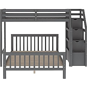 Harper & Bright Designs Twin Over Full Bunk Beds with Storage Stairs, Wooden Stairway Bunk Beds with Removable Bottom Bed and Guardrails for Kids Girls Boys,No Box Spring Needed (Grey)