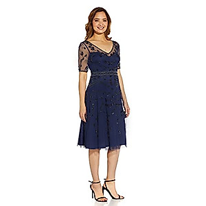 Adrianna Papell Women's Beaded MIDI Dress, Light Navy, 6