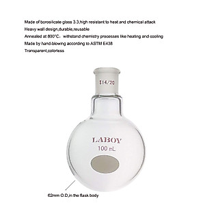 Laboy Glass 100mL Single Neck Round Bottom Boiling Flask Heavy Wall with 14/20 Joint Heating Reaction Receiving Flask Organic Chemistry Lab Glassware