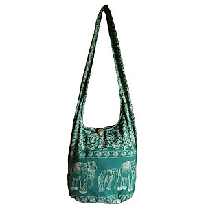 BTP! Elephant Floral Print Sling Crossbody Shoulder Bag Purse Hippie Hobo Thai Cotton Gypsy Bohemian Large (Forest Green EEL6)