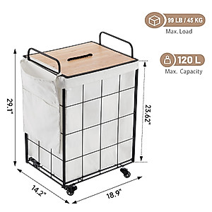 Laundry Hamper with Natural Bamboo Lid, 120L Laundry Basket with Heavy Duty Rolling Wheels, Dirty Clothes Hamper with Removable Liner Bag and Side Pocket, Laundry Sorter with Metal Handle