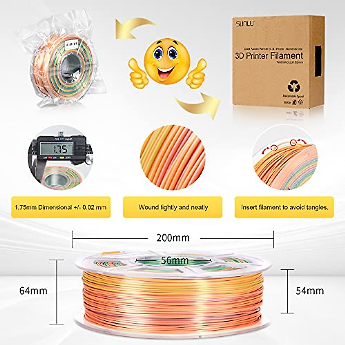 SUNLU Rainbow Silk PLA+ 3D Printer Filament and PLA Meta Black, 3D Printing PLA+ Filament 1.75mm, 1kg(2.2LBS) Spool, Rainbow