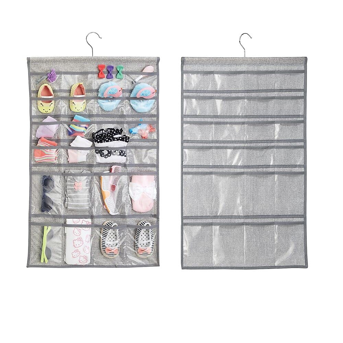 mDesign Soft Fabric Over Rod Hanging Storage Organizer with 48 Pockets for Child/Baby Room, Nursery, Playroom - Metal Hooks Included - Textured Print - 2 Pack - Gray