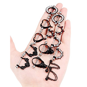 Kadogohno Black Nipple Rings for Women Nipple Piercing Jewelry 14G Nipple Rings Surgical Steel Screw Dangle Nipplerings Nipple Shield Ring Barbell Body Piercing Jewelry Set 5/8 Inch 16mm 7 Pairs