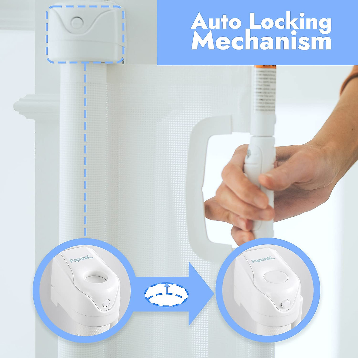 Papablic Retractable Baby Gate, Auto Lock Safety Gate for Baby and Pet, 34" Tall, Extends to 71" Wide, Extra Wide Dog Gate for Indoor Outdoor Stairs Doorways Hallways