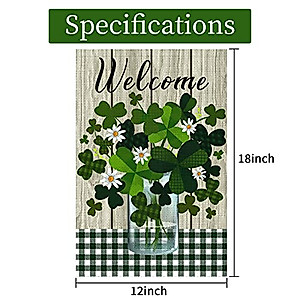 Heyfibro Welcome St Patrick's Day Garden Flag 12 x 18 Inch Double Sided with Vase Shamrocks Pattern Burlap Checkered Holiday House Yard Flag St. Patrick's Sign for Spring Outdoor Decoration(ONLY FLAG)
