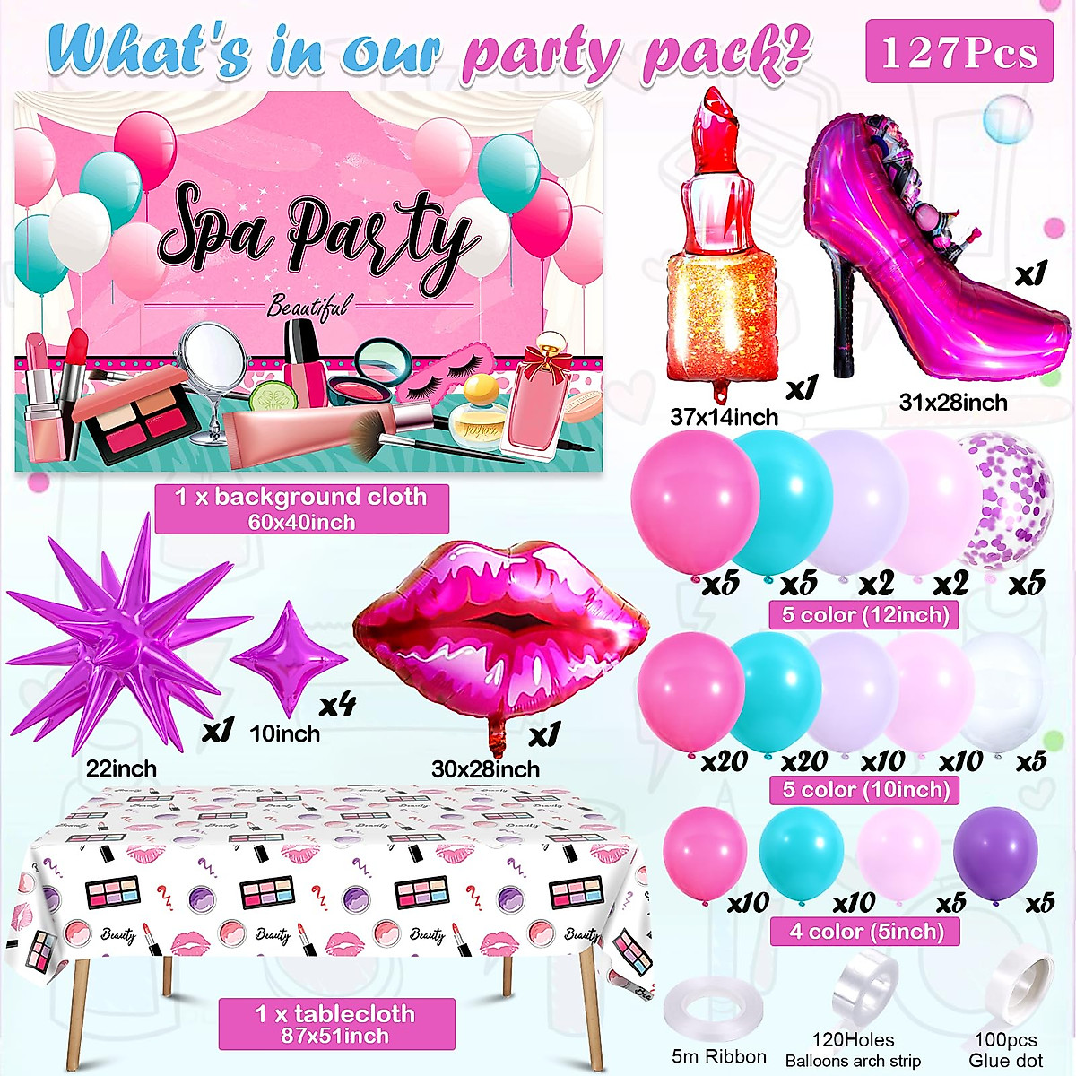 Keleno 127PCS Spa Party Supplies for Girls Makeup Birthday Decorations with Balloons Garland, Lipstick Kiss High Heels Foil Balloons, Backdrop, Tablecloth, Girls Women Slumber Pamper Spa Party Decor