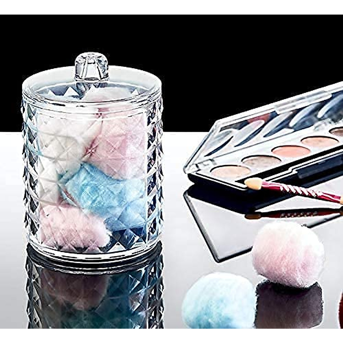 Bremen Home 2 Pack Cotton Ball Swab Pad Holders Diamond Design Acrylic Qtips Jar, Floss Picks, Bath Salts, Makeup, Bathroom Organizer Storage Dispenser