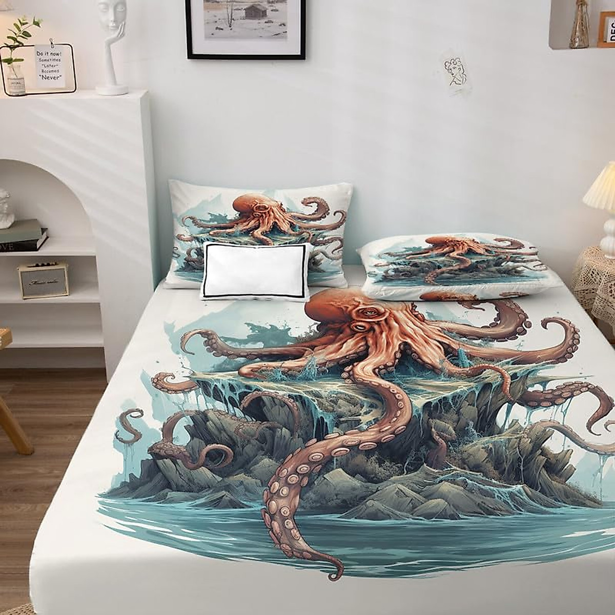 zcsm Octopus Sheets Full Size - Kraken Bed Sheets, Soft Microfiber & Deep Pocket & Wrinkle Free Patterned Bedding Sheets & Pillowcases, 4 Piece (1 Fitted Sheet, 1 Flat Sheet, 2 Pillow Cases)