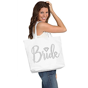 Bride Tote Bag, Bride Kit- Giant 18" x 14" Cotton Canvas White Totes with Diamond Motif Rhinestones, Engagement or Bridal Shower Gift & Accessories Bride Tote - White Tote(DiaBride RS) WHT