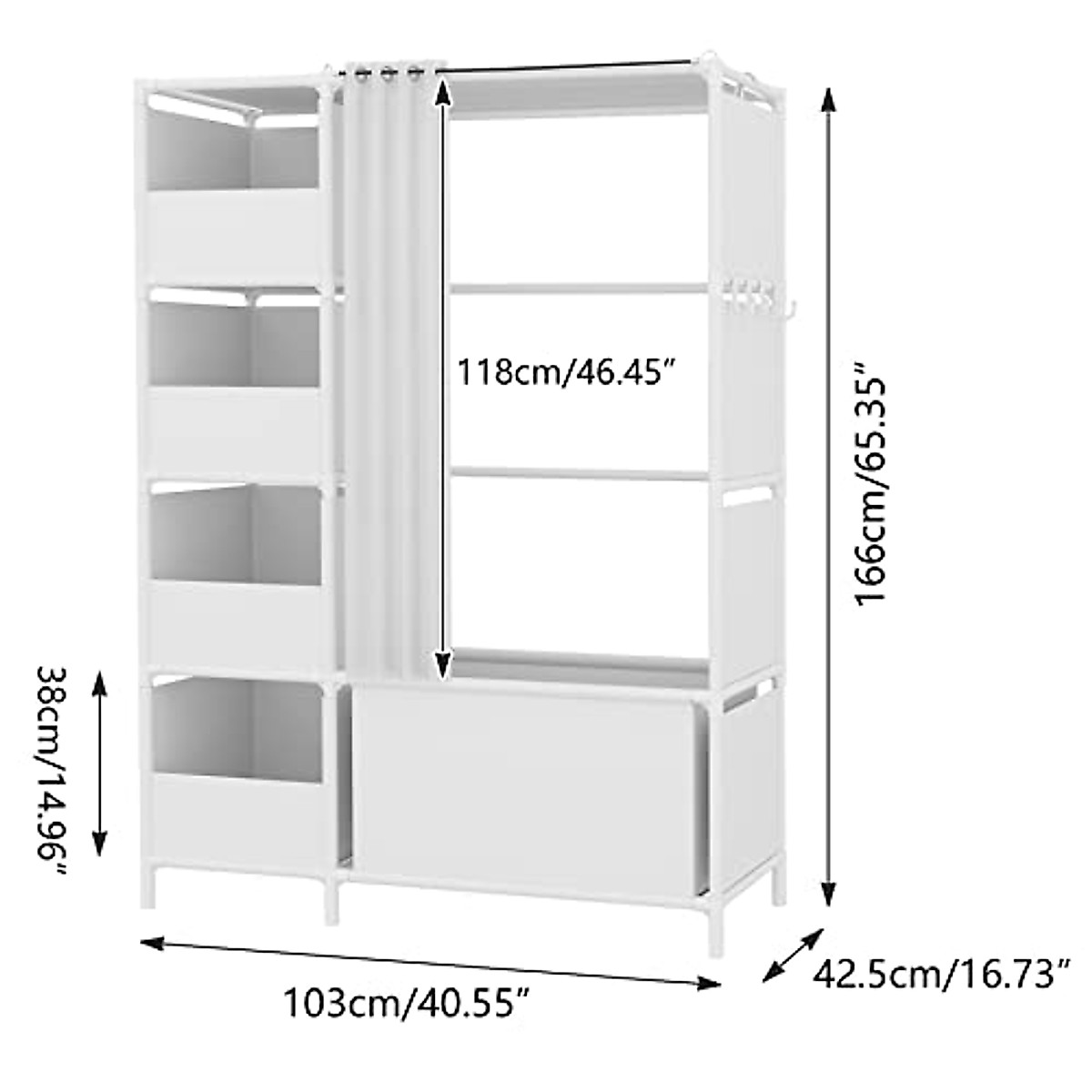 MOYIPIN Portable Wardrobe Storage Closet, Clothes Storage Cabinet with Curtain,40.55 x 16.73 x 65.35Inches, for Living Room, Bedroom, Clothes Room, White