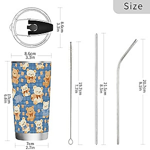 sanluoli Cartoon Bears Cute Plaids Stainless Steel coffee cup with Lid and Straw mugs for coffee for camping reusable insulated tumbler with lid 20 OZ