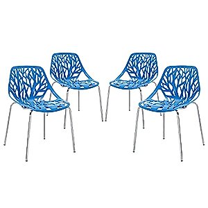 Modway Stencil Modern Stacking Four Kitchen and Dining Room Chairs in Blue