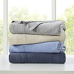 INK+IVY 100% Cotton Jersey Knit Heathered Fabric Sheet 13" Deep Pocket Modern All Season, Soft Bedding-Set, Matching Pillow Case, Queen, Navy, 4 Piece (II20-710)
