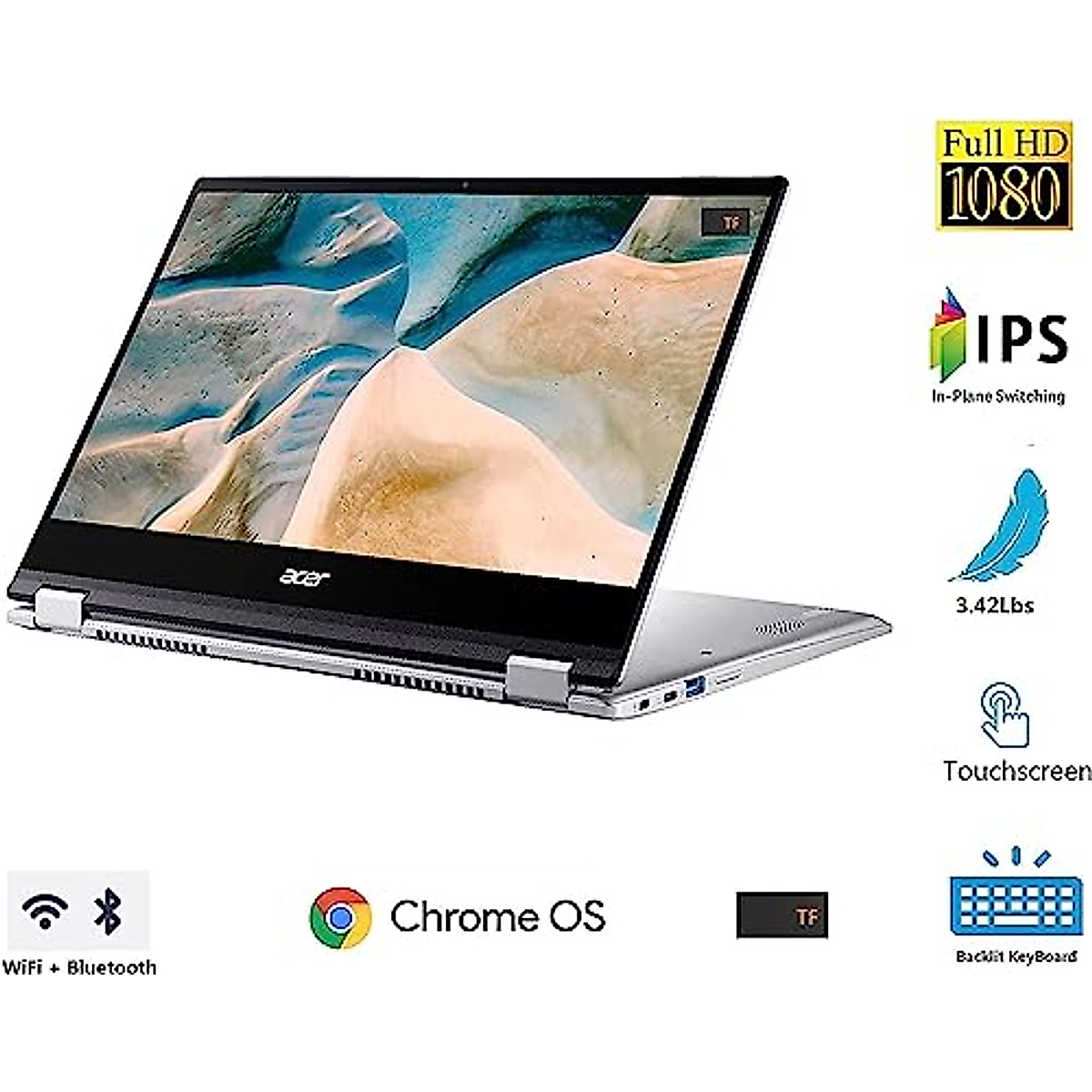 acer 2023 Newest Premium Spin514 2in1 Chromebook: 14" FHD IPS Touch Display, Powerful AMD Ryzen3(Up to 3.5GHz), 8GB RAM, 128GB eMMC SSD, AMD Radeon Graphics, USB-C, WiFi, BT, Backlit-KYB, Chrome OS