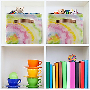 Kigai Rainbow Tie Dye Storage Baskets Rectangle Foldable Canvas Fabric Organizer Storage Boxes with Handles for Home Office Decorative Closet Shelves Clothes Storage