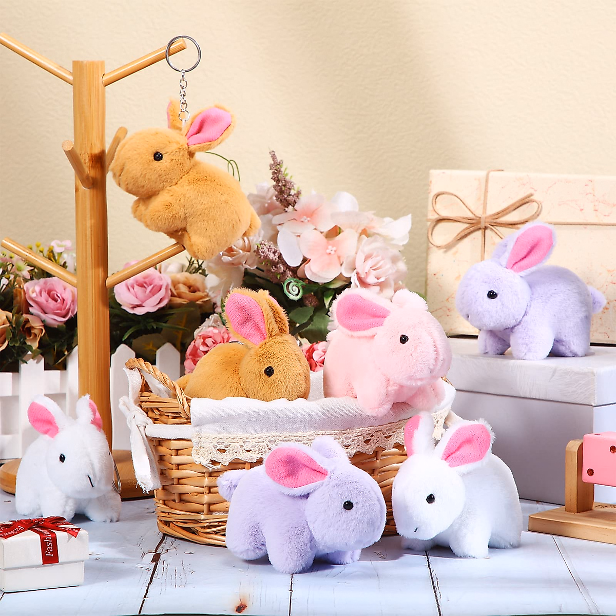 Sratte 16 Pcs Easter Bunny Stuffed Animal Bulk 4.7 Inch Small Plush Rabbit Keychains Detachable Bunny Party Favors Plushies Gifts for Birthday Baby Shower Easter Basket Stuffers Decorations