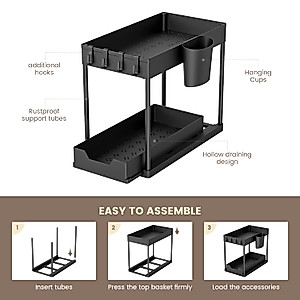 Under Sink Organizers and Storage, 2 Pack Under Cabinet Organizer with 1 Shelf Liner, 8 Hooks, 2 Hanging Cups, Multi-Purpose Slide-Out Storage Baskets Shelf for Bathroom Kitchen Living Room