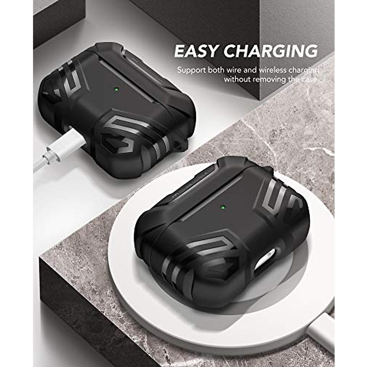 MOBOSI Vanguard Armor Series Military AirPods Pro Case, Full-Body Hard Shell Protective Cover Case Skin with Keychain for AirPod Pro 2019, Black [Front LED Visible]