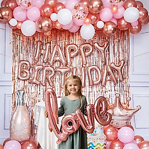 SANERYI Rose Gold Birthday Decorations for Women Happy Pink Balloon Arch Garland Kit Girl Princess Party Supplies Banner Curtains Backdrop Decor
