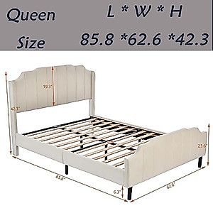 Upholstered Platform Bed, Queen Size Platform Bed Frame with Velvet Headboard & Footboard, Sturdy Wooden Slats Support, No Box Spring Needed for Bedroom Boys Girls Room Home Furniture (Beige)