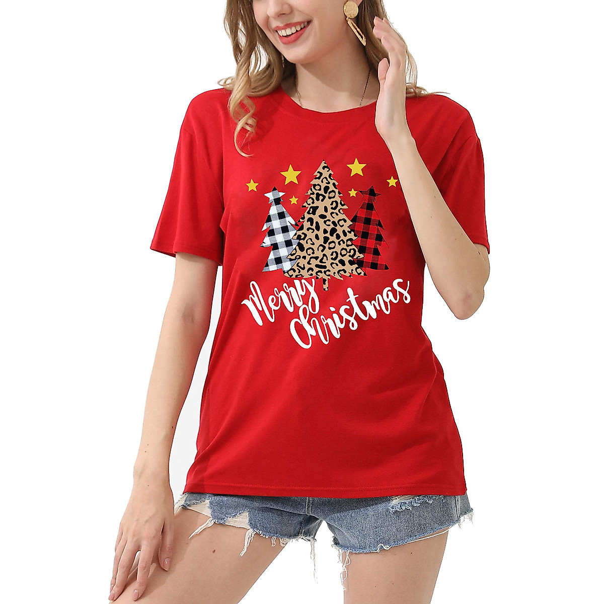 MAIHUN Merry Christmas Shirts for Women Leopard Plaid Christmas Trees Shirt Xmas Holiday Tee Tops