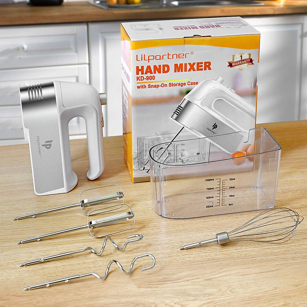 Hand Mixer Electric, 450W Kitchen Mixers with Scale Cup Storage Case , Turbo Boost / Self-Control Speed + 5 Speed + Eject Button + 5 Stainless Steel Accessories , For Easy Whipping Dough ,Cream ,Cake