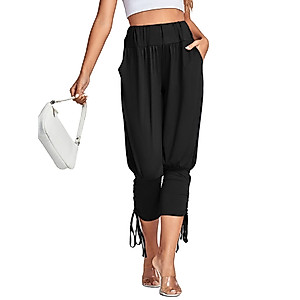 LYANER Women's Elastic High Waist Drawstring Wide Leg Palazzo Pants Loose Trousers Black X-Large