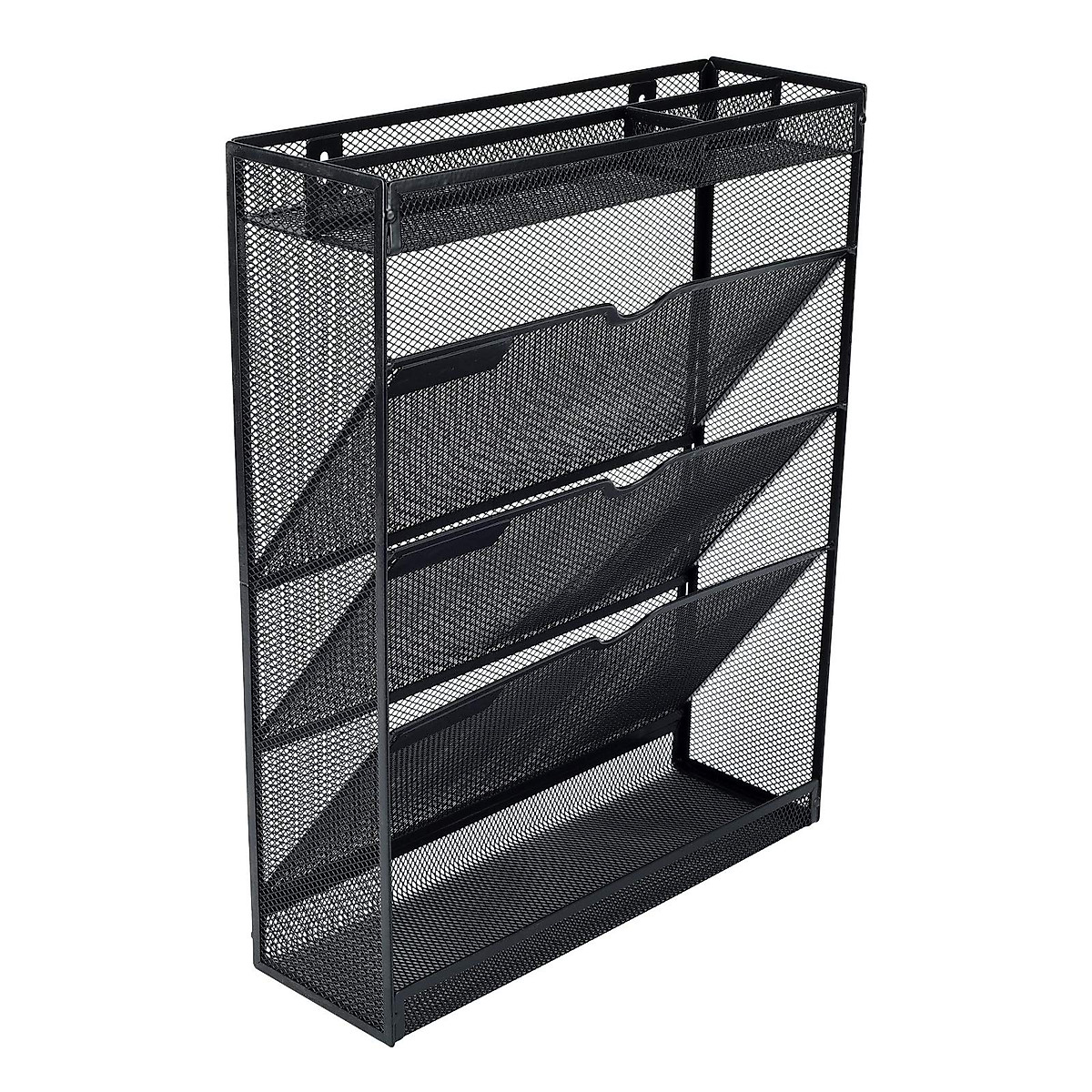 EasyPAG Desk File Organizer Mesh 5-Tier Hanging Wall Mount File Holder Desktop Vertical Mail Paper Folder Holder Stand Rack with Bottom Tray and Accessories Organizer for Office Home,Black