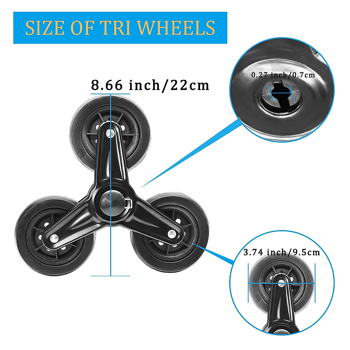 Suiwotin 2pcs Shopping Cart Stair Climbing Wheels Replacement, Rubber Tri-Wheels for Folding Grocery Cart, Portable Stair Climber Utility Cart Stair Wheels (Black)