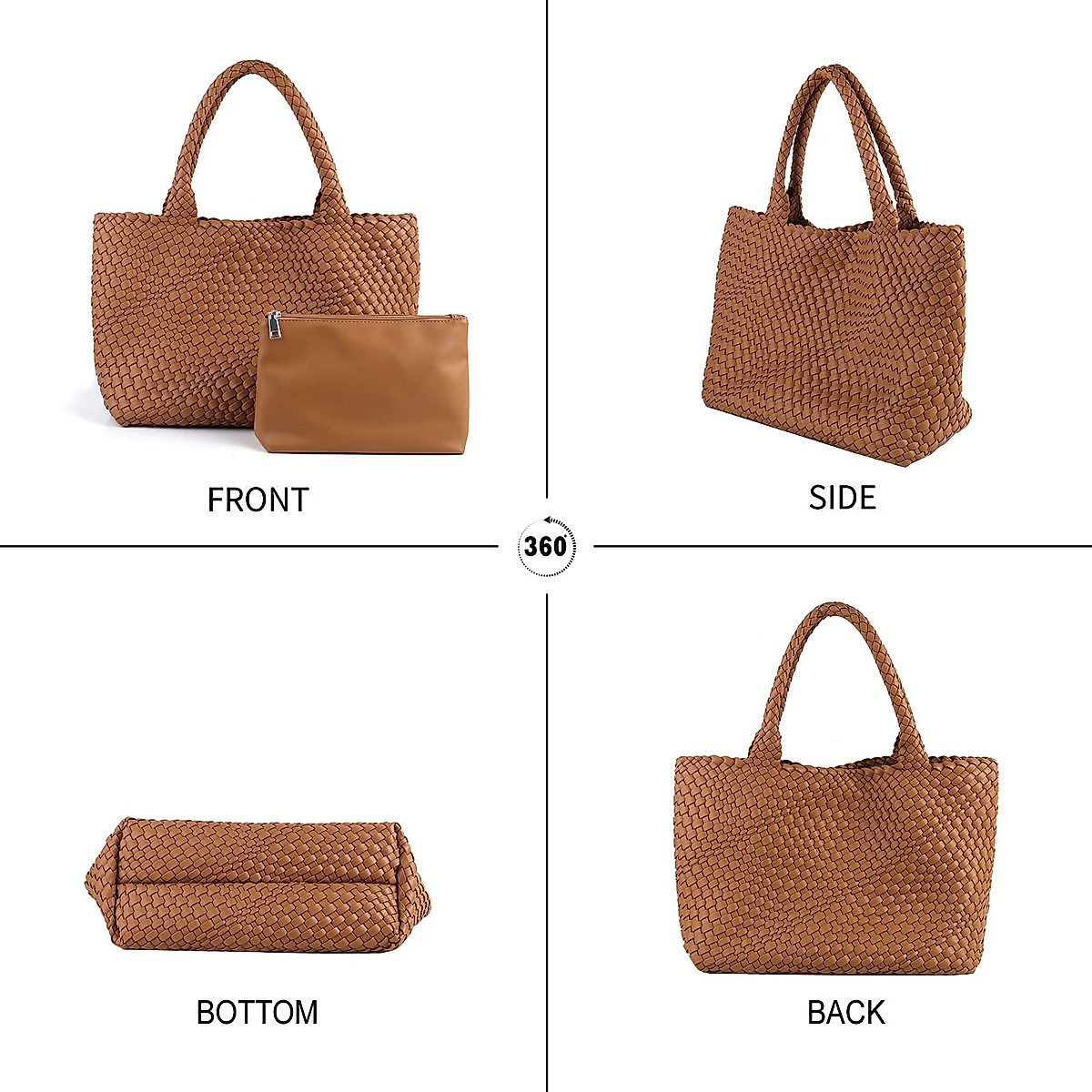 Brown Vegan Leather Woven Tote Bag for Women - Large Beach Bag with Small Purse, Handmade Top-handle Travel Handbag