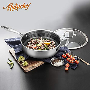 NutriChef 3.4QT Stainless Steel Jumbo Cooker - Triply Kitchenware Jumbo Cooker with Glass Lid - DAKIN Etching Non-Stick Coating, Scratch-resistant Raised-up Honeycomb Fire Textured Pattern NC3PSAUC