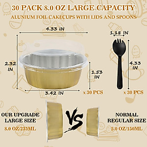 BAKINGPAK Round Mini Aluminum Pans with Lids, 30PCS 8OZ Individual Cupcake Containers Cupcake Liners with Lids Mini Cake Tins Individual Mini Cake Pans With Lids Gifts for Mom Wedding Brithday, Gold