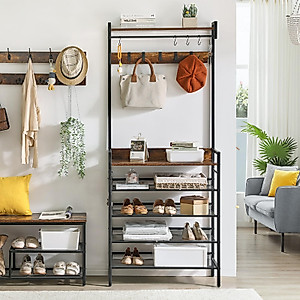 IBUYKE Coat Rack Shoe Rack, 4 in 1 Multi-Function Hall Tree with Slant Adjustable Shoe Storage, 5-Tier Storage Shelf and 9 Hooks Removable, Industrial Accent Furniture for Entryway, UTXJ008H