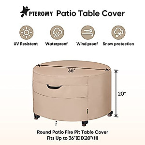 PTEROMY Patio Fire Pit Table Cover, Heavy Duty 600D Canvas Outdoor Waterproof Fireplace Cover (Khaki, Round, 36'')