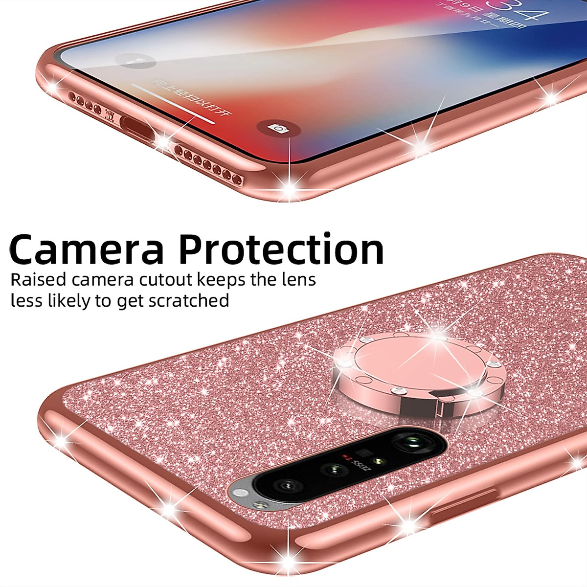 nancheng for Sony Xperia 1 III Phone Case (2021) with Ring Kickstand Lanyard Shockproof Protection Cover - Rose Gold