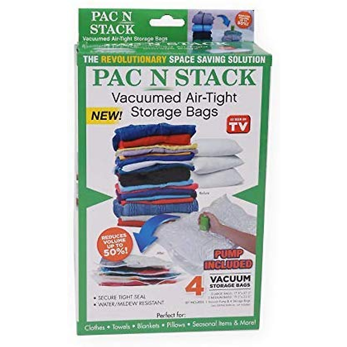 PAC 'N STACK, Handheld Vacuum Sealing Storage with Bags, Easy to Use, Reusable, Waterproof, Cordless, Compact, and Portable, Ideal for Travel, Reduces Volume (16 Pack Bags)
