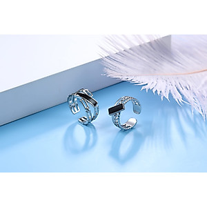 Gbinitail 3Pcs Trendy & Punk Adjustable Ring Set for Women and girls - Platinum-Plated, Stackable, Enamel & Hollow Silver Rings, sizes 5.5 to 7.5